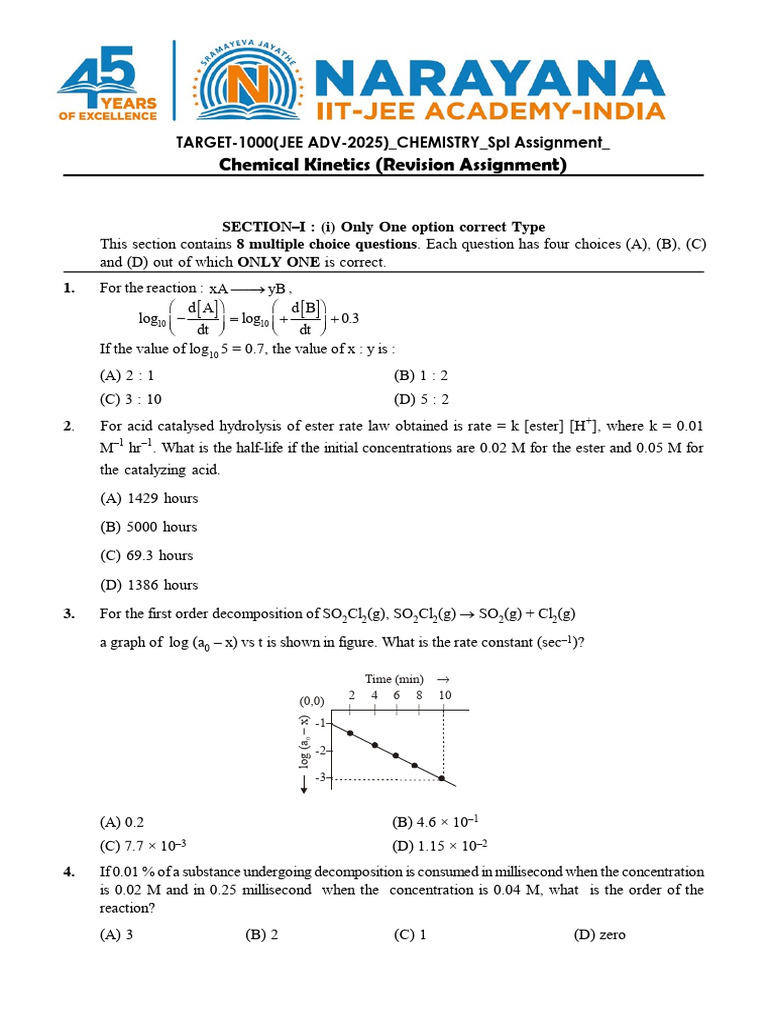 TARGET-1000 (JEE ADV-2025) - CHEMISTRY - SPL Assignment - CHEMICAL KINETICS | PDF | Reaction ...