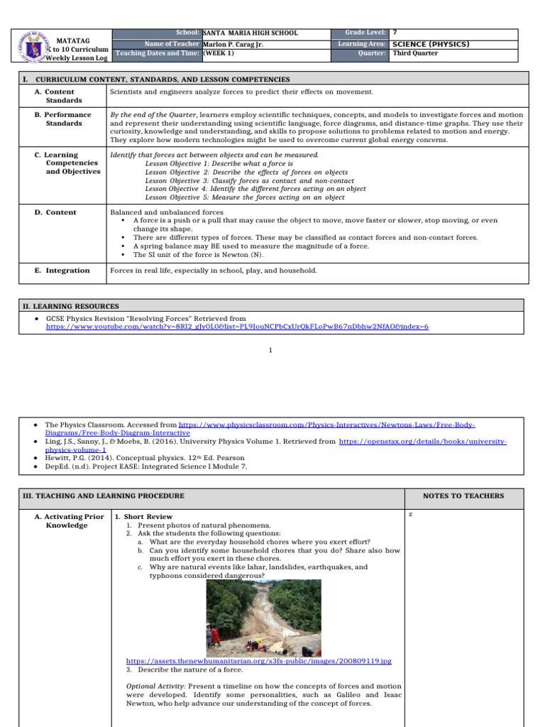 K-10 Science Lesson Plan: Forces | PDF | Force | Learning