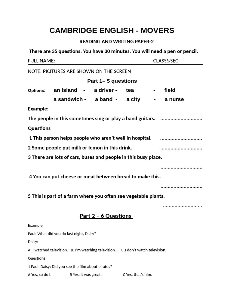 Movers - Reading & Writing-1 | PDF