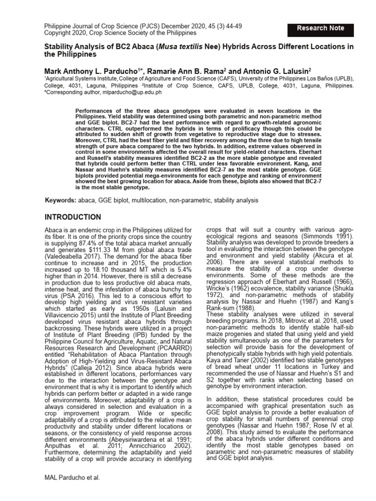 Parducho Et Al 2023 Stability Analysis of bc2 Abaca (Musa Textilis Nee) Hybrids Across Different ...