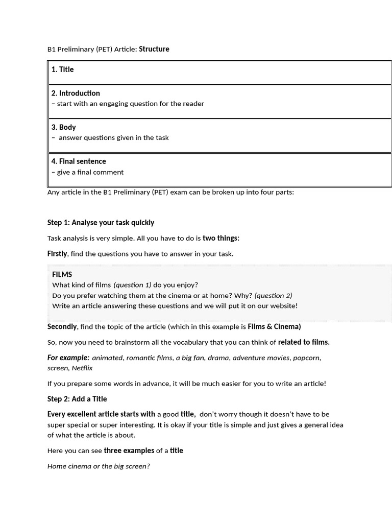 B1 Preliminary - ARTICLE WRITING | PDF | Movie Theater