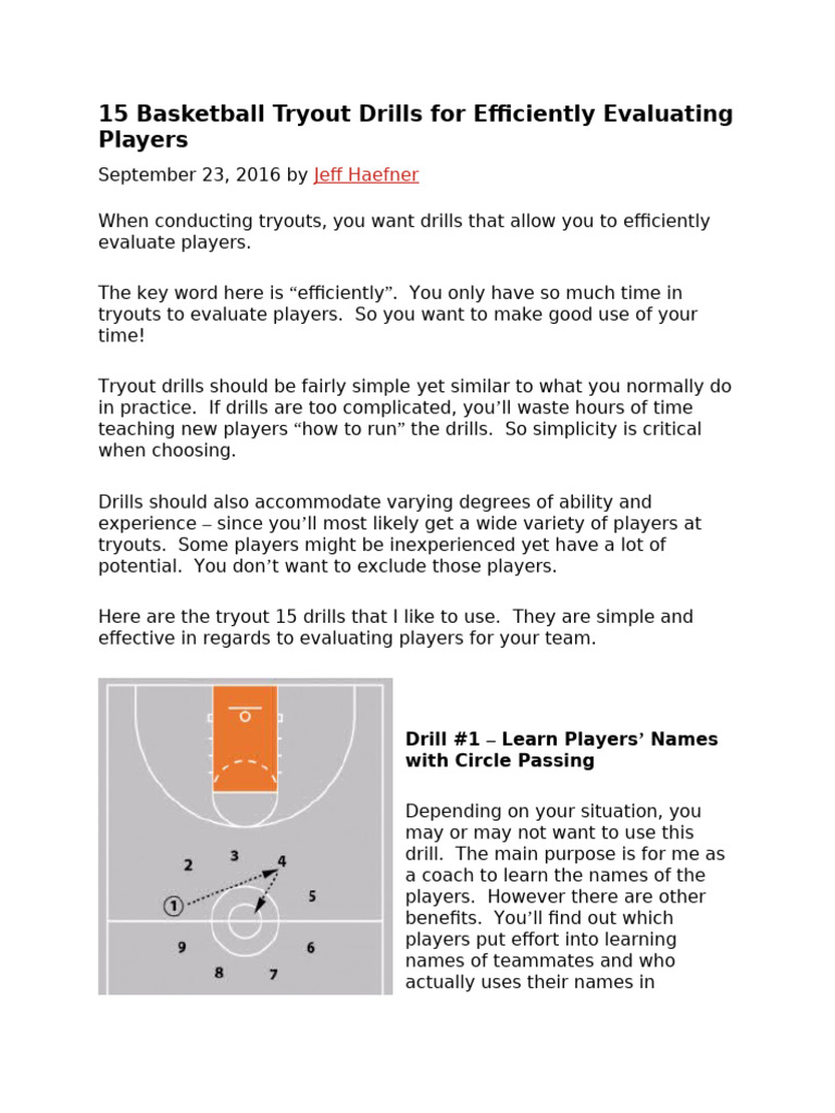 Basketball Tryout Drills for Evaluation | PDF | Team Sports | Sports