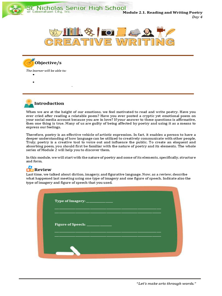 CREATIVE WRITING - DAY 4 - Module 2.1. Reading and Writing Poetry | PDF ...
