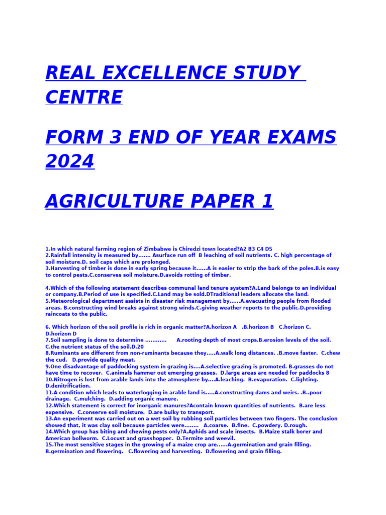 Form 3 Agriculture Paper 1 | PDF | Soil | Fertilizer