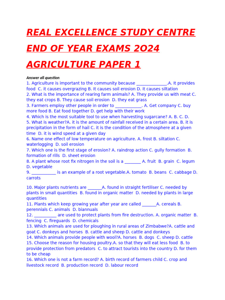 Form 1 Agriculture Paper1 | PDF | Plant Nutrition | Soil
