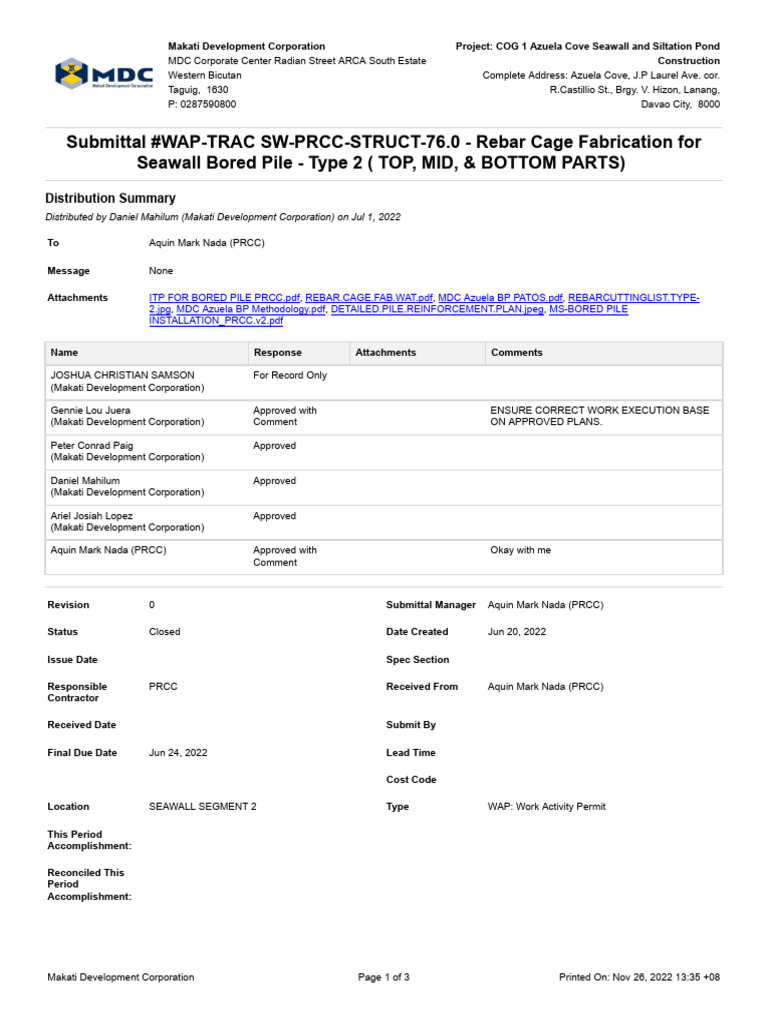 Rebar Cage Fabrication for Seawall | PDF