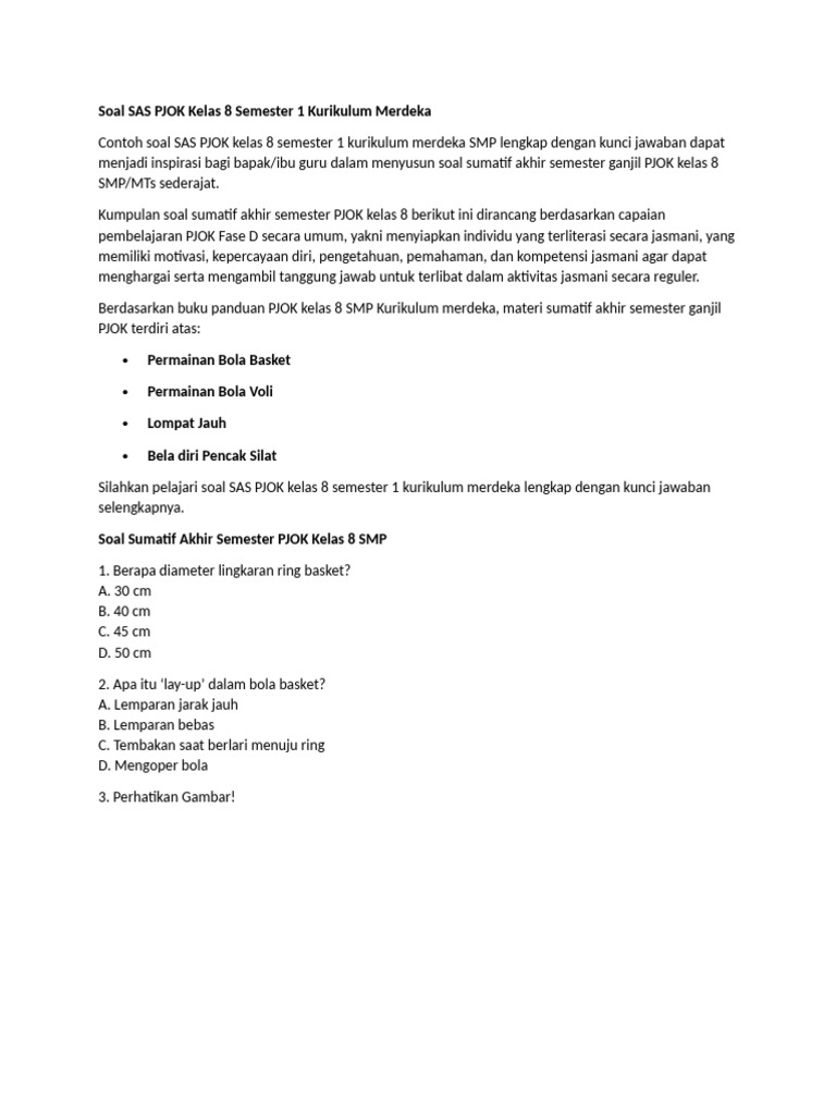 Soal SAS PJOK Kelas 8 Semester 1 Kurikulum Merdeka | PDF