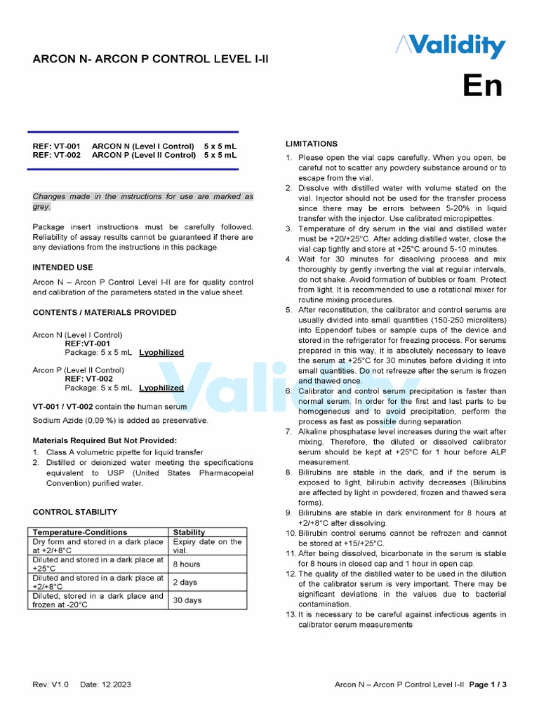 Arcon N P Level I II Control Lyophilized - Ifu - Eng | PDF