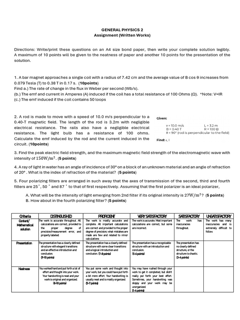 GENERAL PHYSICS 2 Problem Solving Aciivity Electromagnetic Inductiion Waves and Light | PDF ...