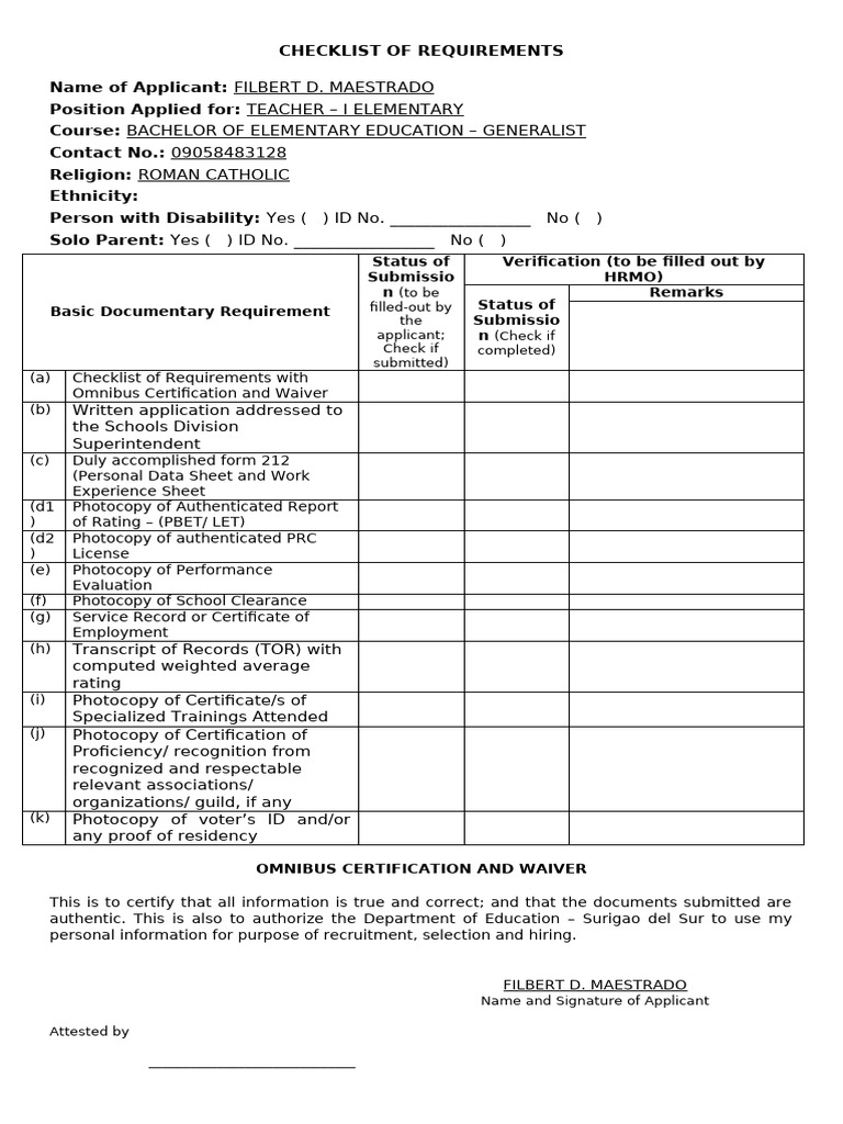 Teacher I Application Requirements Checklist | PDF