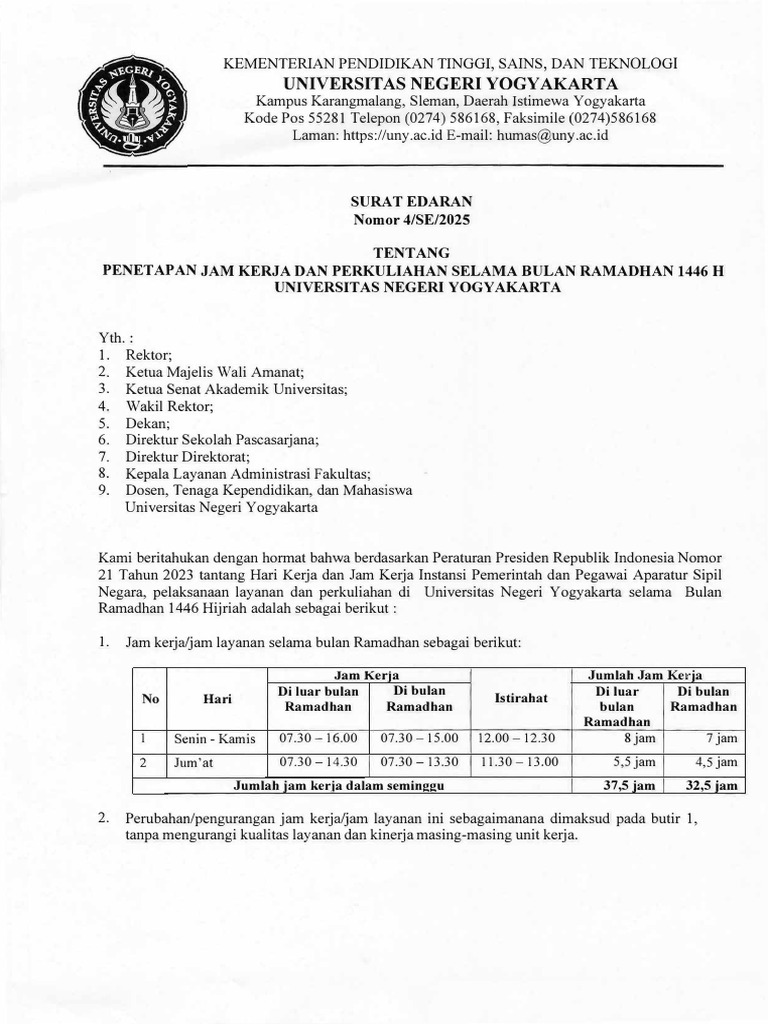 Penetapan Jam Kerja dan Perkuliahan Selama Bulan Ramadhan 1446 H UNY | PDF