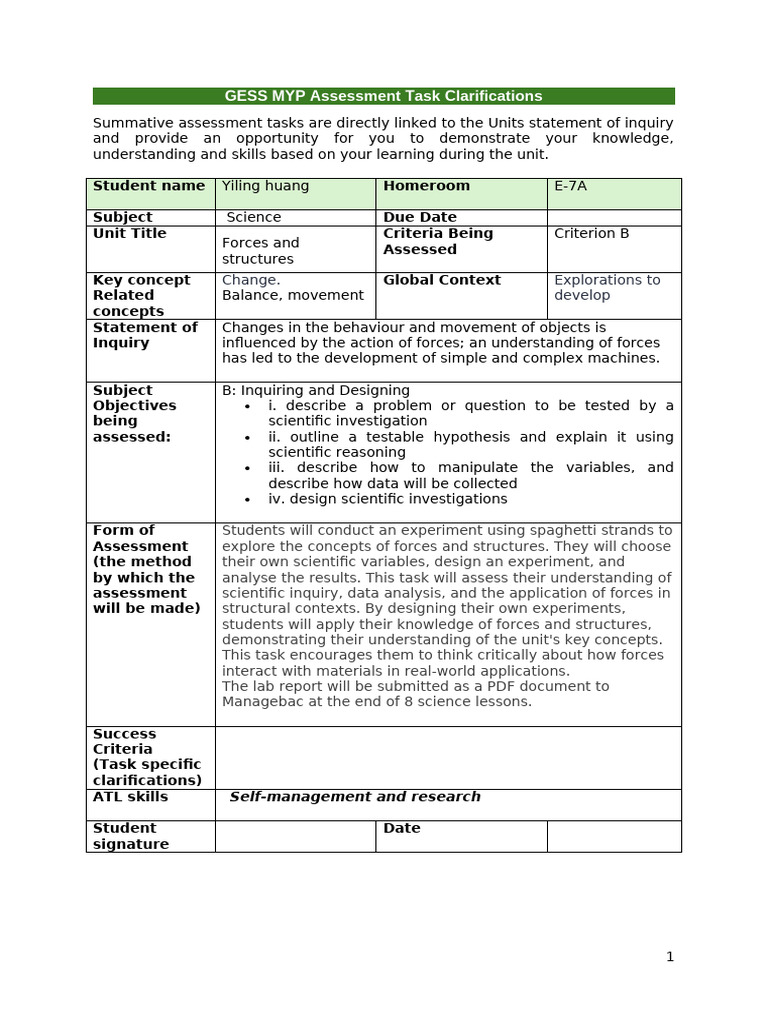 Unit 2 Forces Criterion B Writing Template-Yiling Huang E-7A | PDF ...