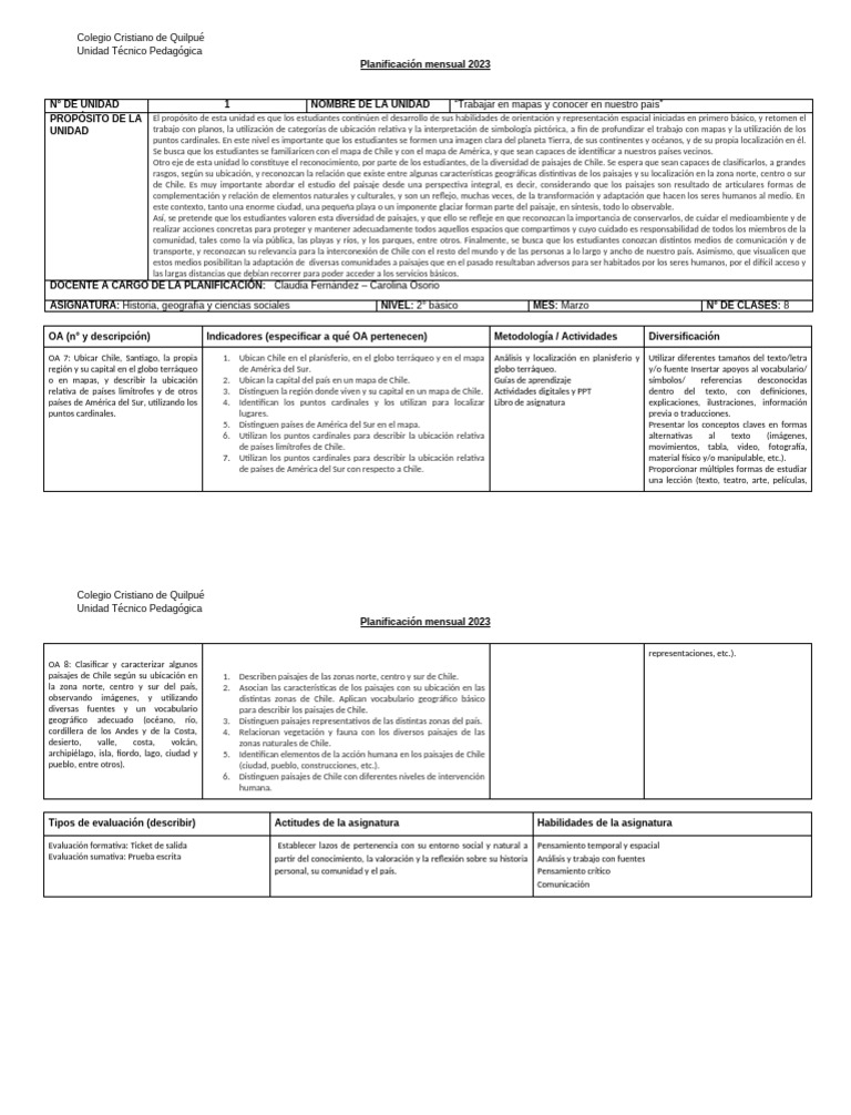 Planif 2° Básico Marzo | PDF | Paisaje | Chile