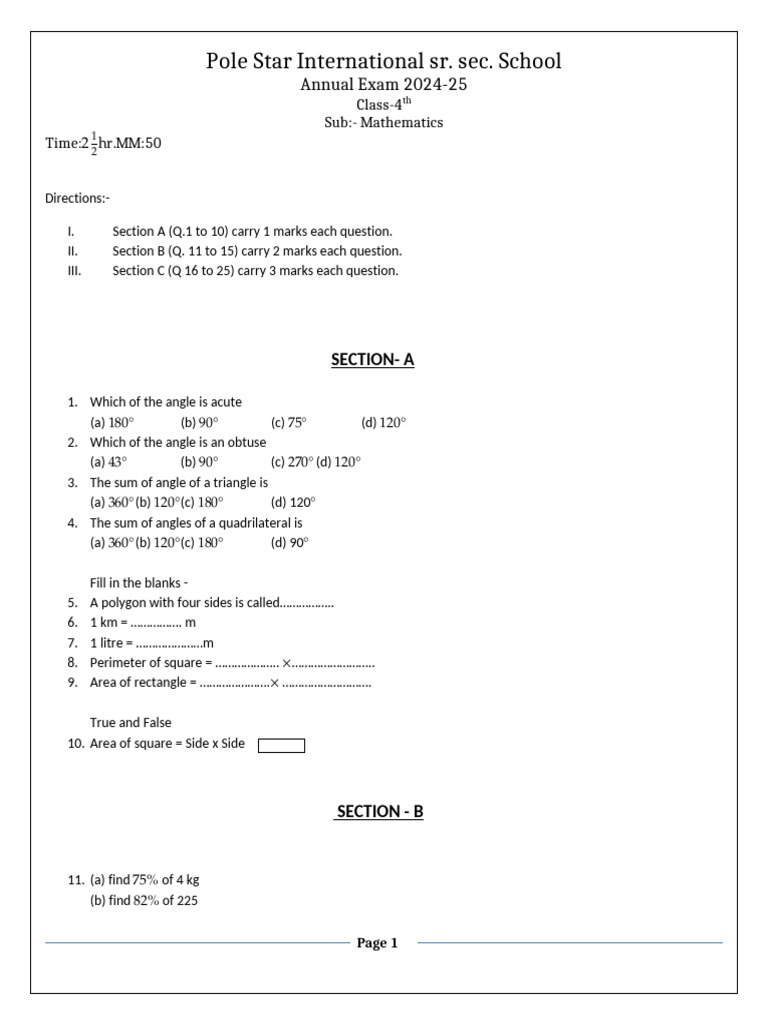 Class-4th Annual Exam 2024-25 | PDF | Area | Rectangle