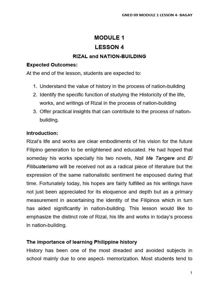Module 1 Lesson 4 On Rizal On Nation-Building | PDF | Knowledge | Philippines