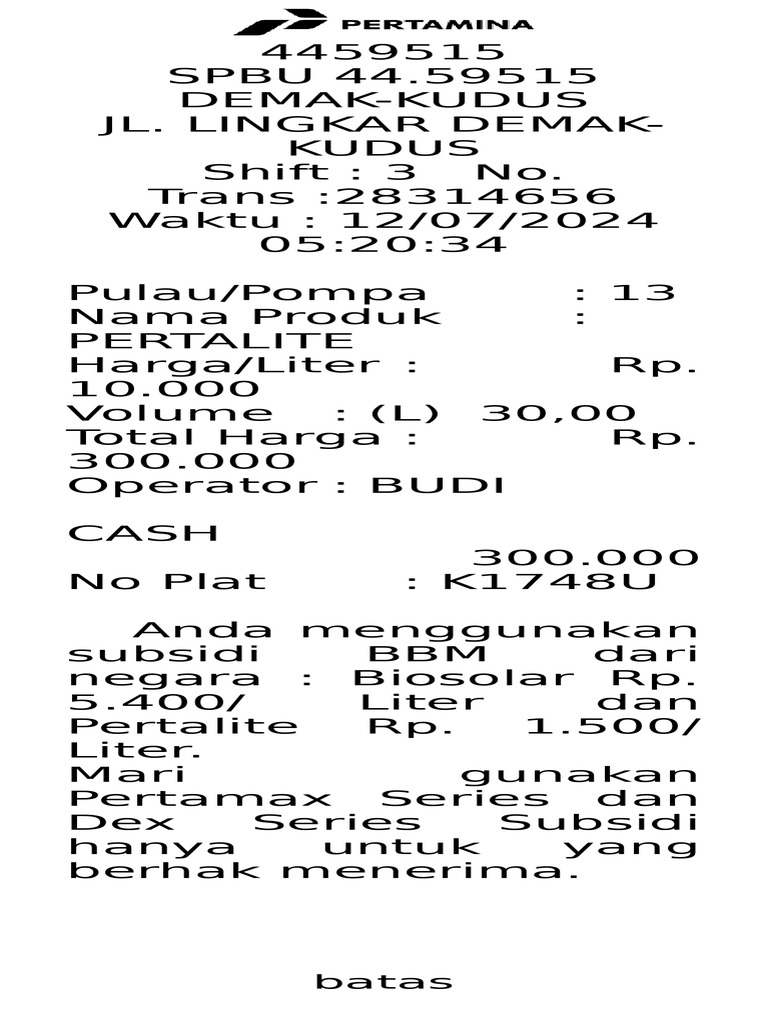 Struk Pertamina TGL 12 Juli 2024 Semarang | PDF