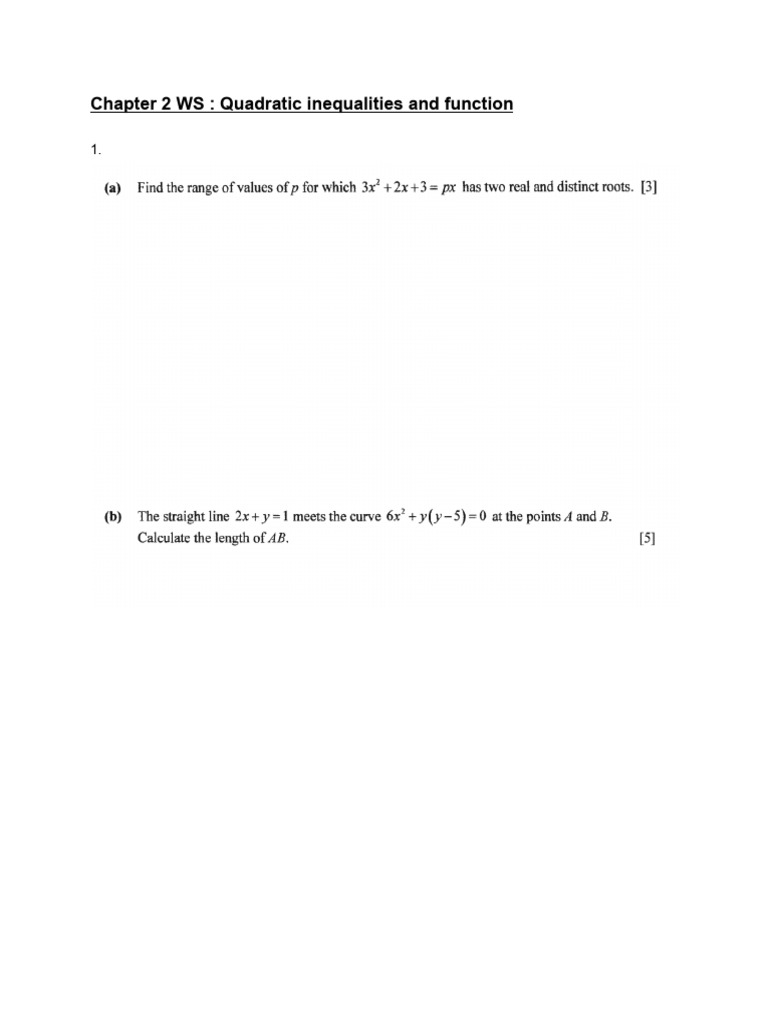 Chapter 2 WS - Quadratic Inequalities and Function | PDF