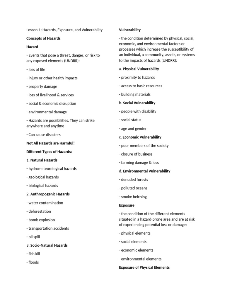 Lesson 1 - Hazards, Exposure, and Vulnerability | PDF | Hazards ...