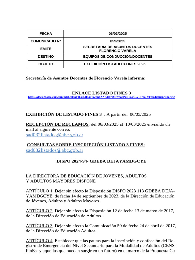 Comunicado N 059 Exhibicion Listado 3 Fines 2025 | PDF | Maestros | Educación primaria