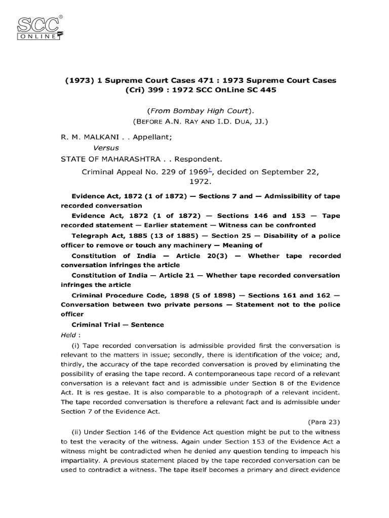 R.M. Malkani v. State of Maharashtra | PDF | Federal Judiciary Of The ...