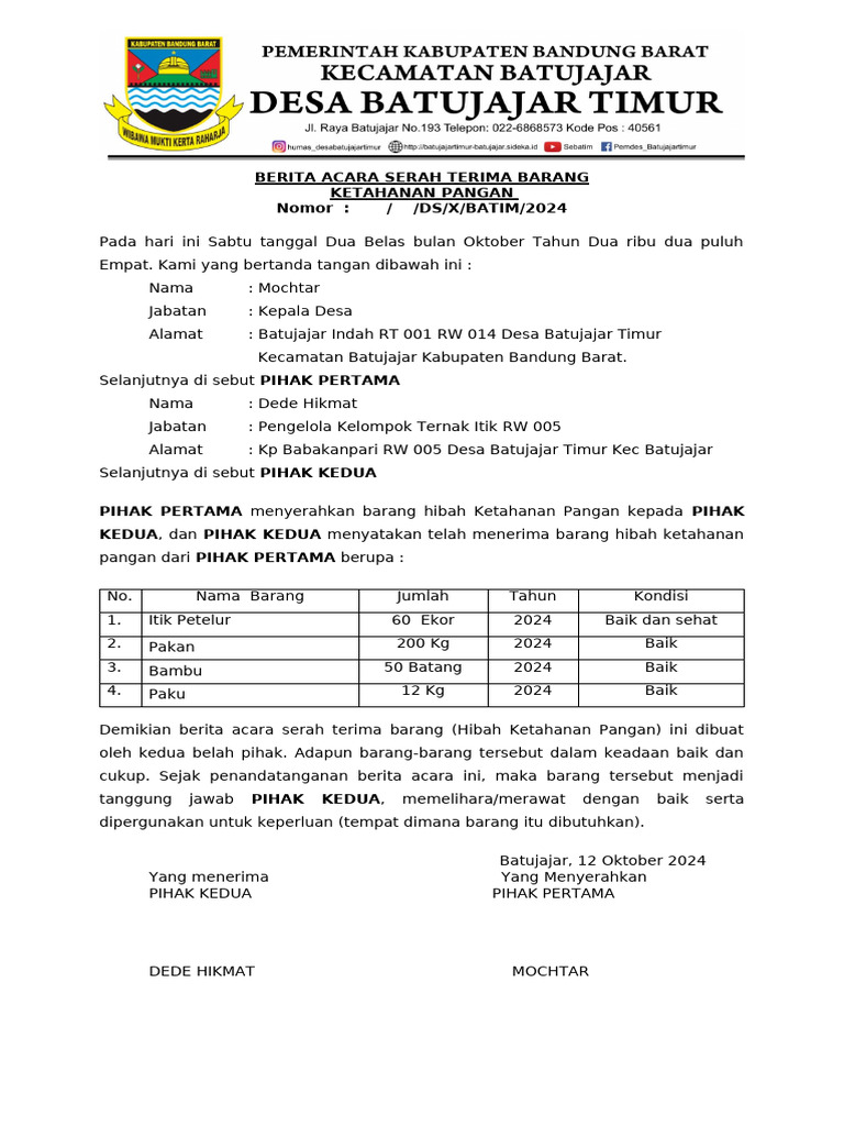 Serah Terima Barang Ketahanan Pangan | PDF