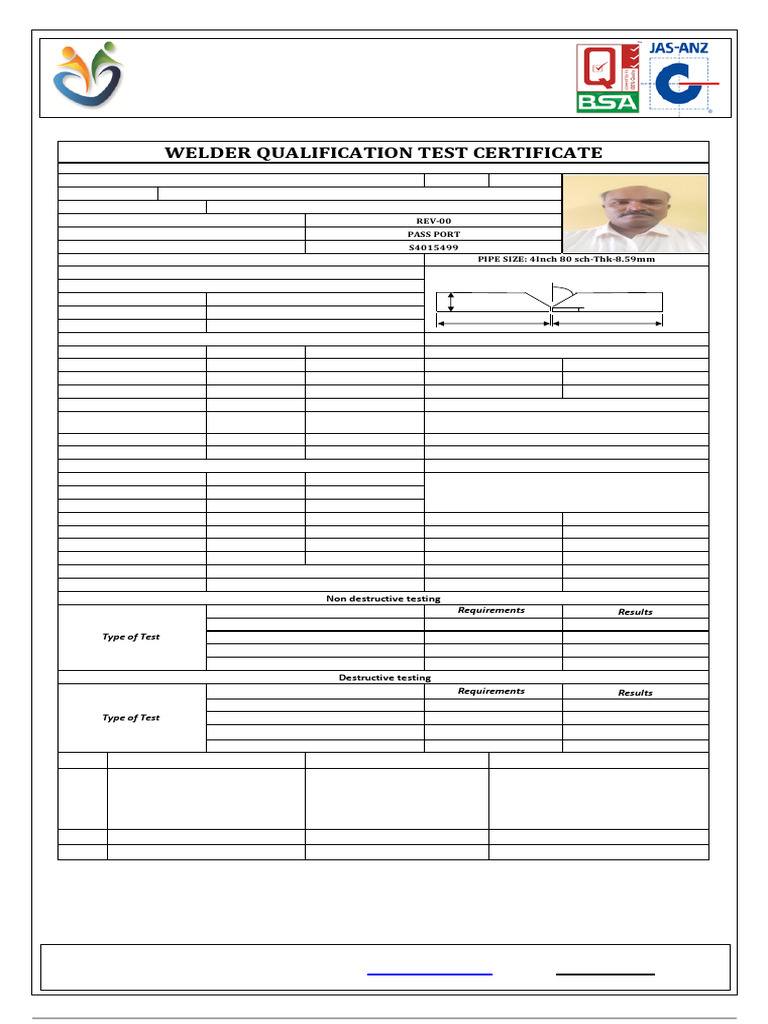 Welder Qualification Test Certificate Format | PDF | Pipe (Fluid ...