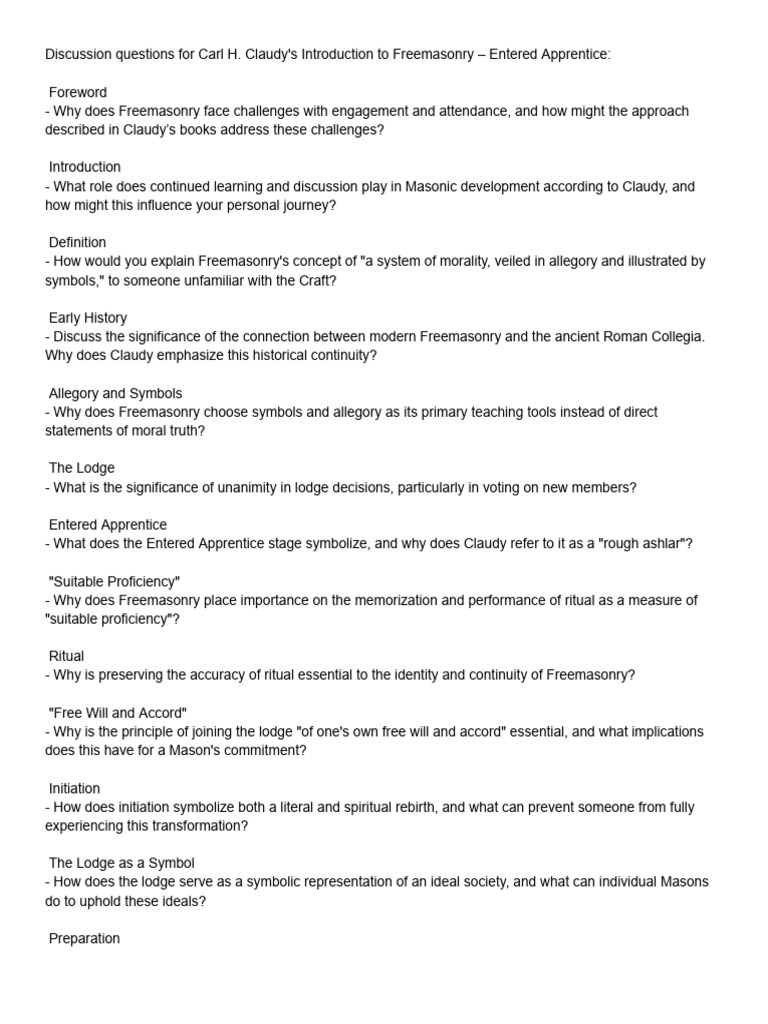 Discussion Questions on Entered Apprentice | PDF | Freemasonry ...