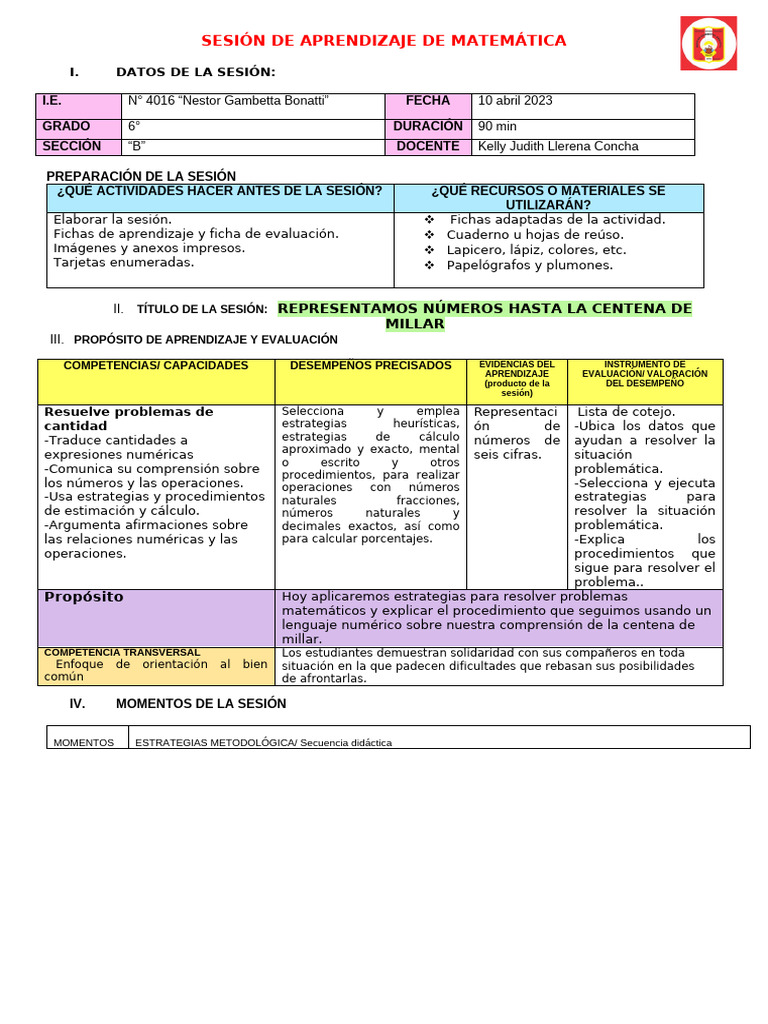 SESIÓN REPRESENTAMOS NÚMEROS HASTA LA CENTENA DE MILLAR Mat | PDF | Cognición | Aprendizaje