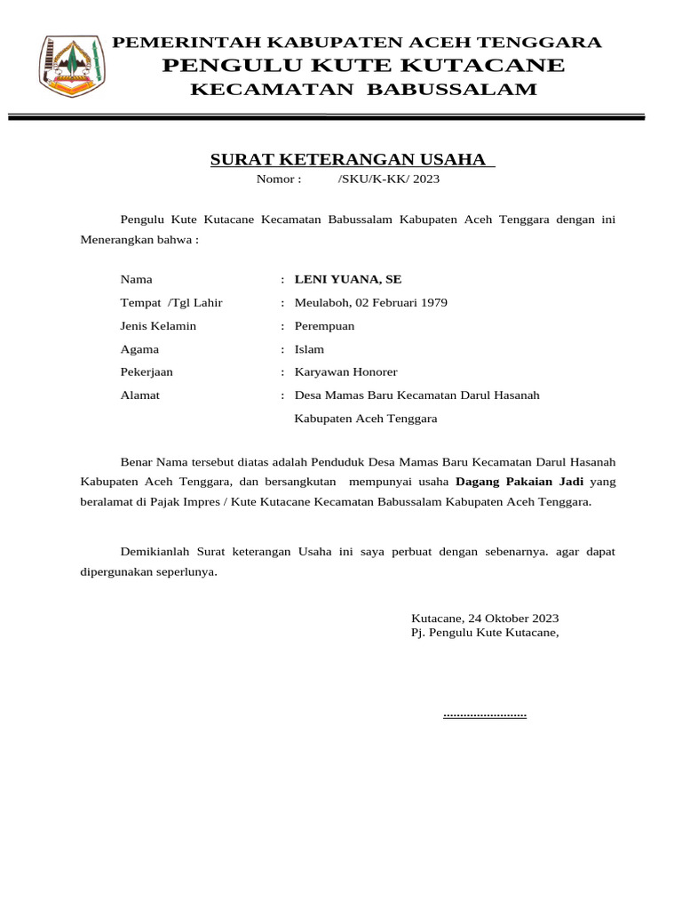 SURAT KETERANGAN USAHA DESA KUTE KUTACANE | PDF