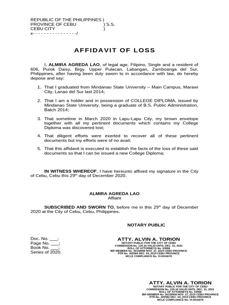 Affidavit of Loss School Diploma Almira Lao | PDF | Affidavit | Legal ...