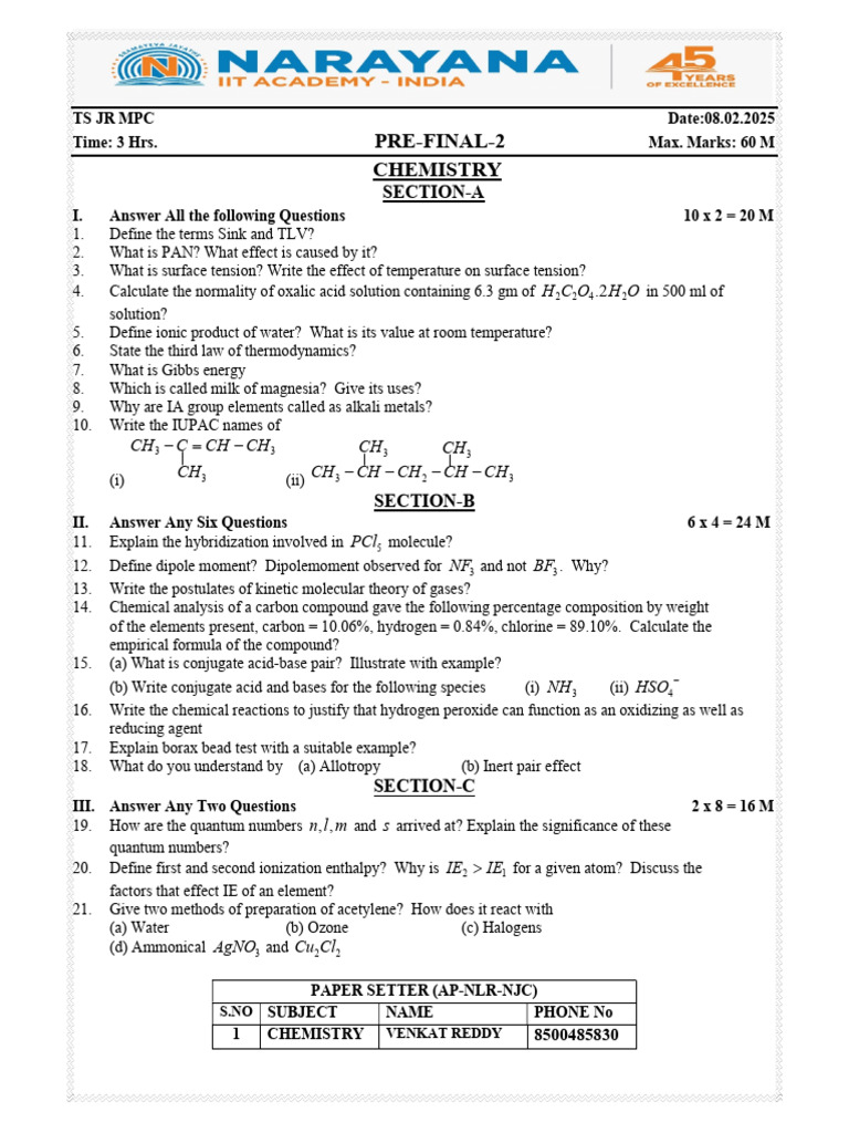 Tg Jr Mpc Chemistry Pre Final-2 Ipe Question Paper 08-02-2025 | PDF ...