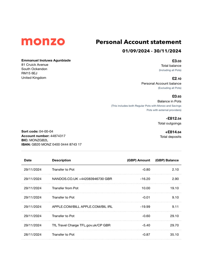 Monzo_bank_statement_2024-09-01-2024-11-30_5792 | PDF | Banking ...
