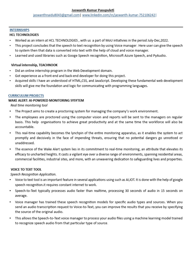 Jaswanth's Resume | PDF | Speech Recognition | Machine Learning