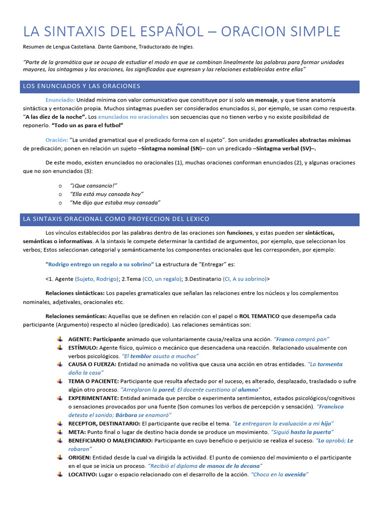Resumen Sintaxis Del Español | PDF | Oración (Lingüística) | Verbo