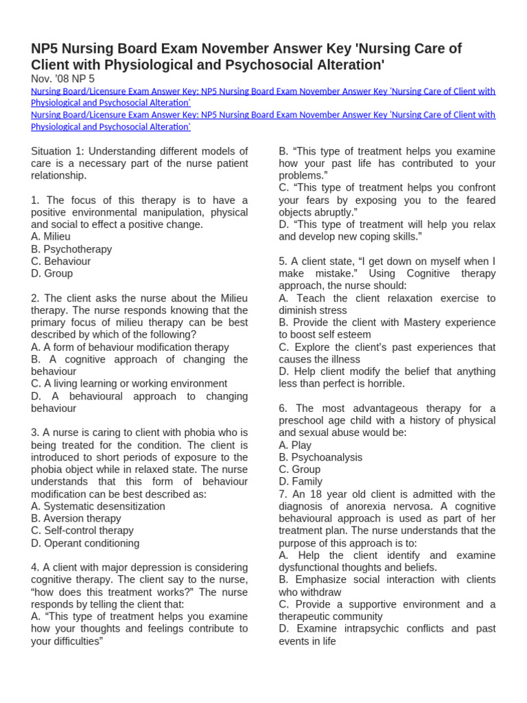 2008 NP5 Practice Questions | PDF | Psychotherapy | Phobia
