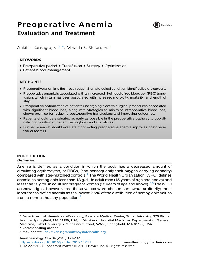 Preoperative Anemia 2016 | PDF | Anemia | Blood Transfusion