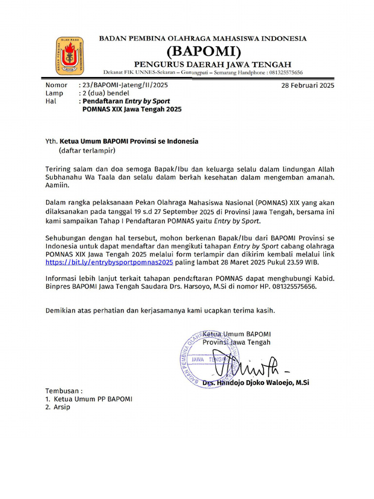 BAPOMI Provinsi Pendaftaran Entry by Sport POMNAS XIX 2025 | PDF