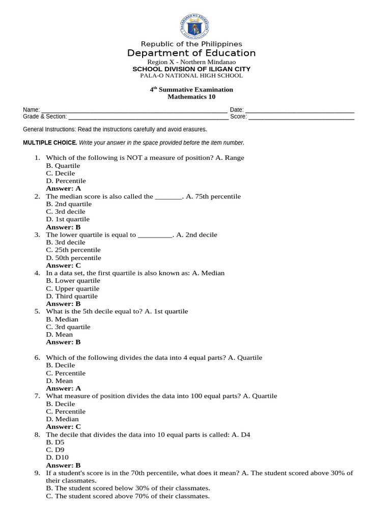Math 10 Summative Exam: Measures of Position | PDF | Percentile | Quartile
