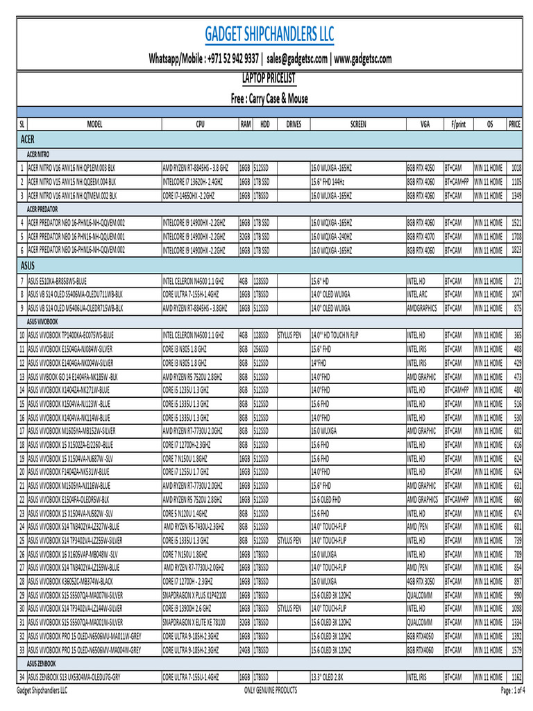 Laptop Price List and Specifications | PDF | Personal Computers | Intel