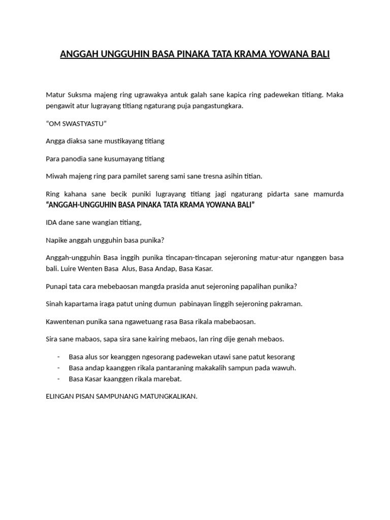 Anggah Ungguhin Basa Pinaka Tata Krama Yowana Bali | PDF