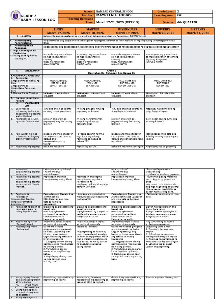 DLL-All-SUBJECTS-G2-Q4-WEEK-5-with-catch-up (1) | PDF