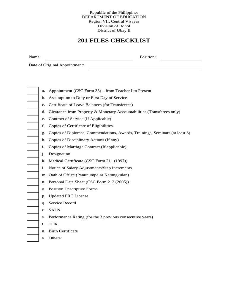 201 Files Checklist for Teachers | PDF