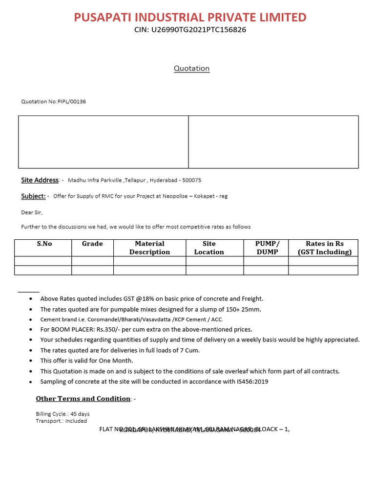 Quotation for RMC Supply to Madhu Infra | PDF | Concrete | Composite ...