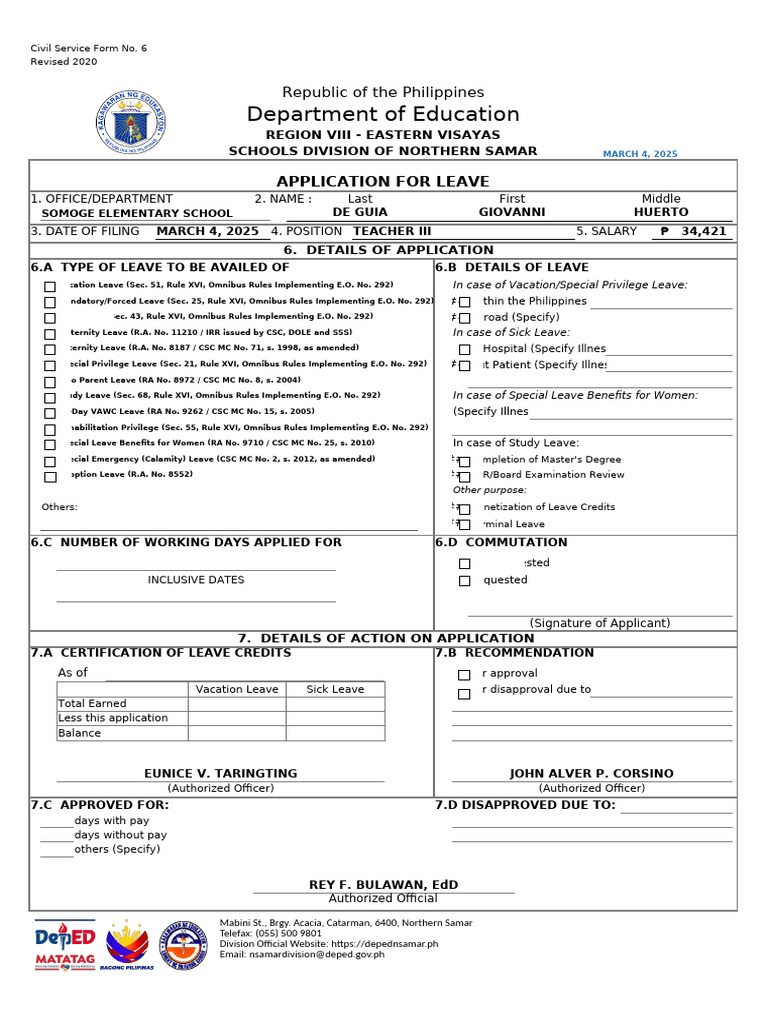 Northern Samar Leave Application Form | PDF | Parental Leave | Justice