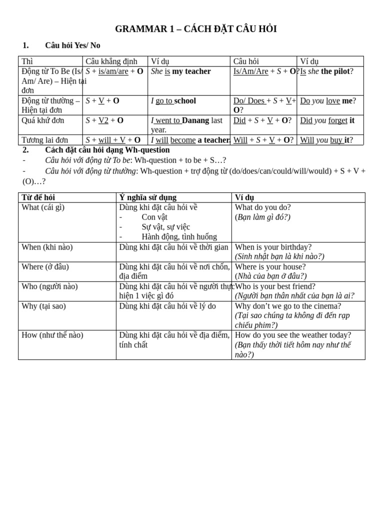 GRAMMAR - Cách đặt câu hỏi | PDF