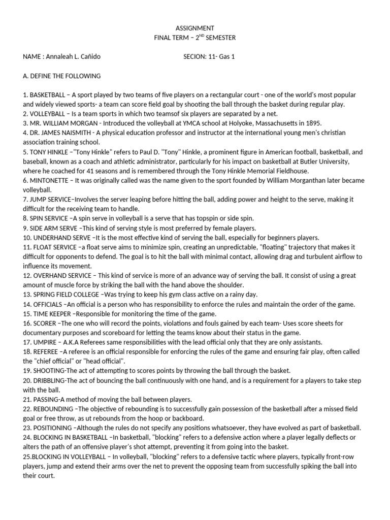 Assignment Basketball and Volleyball | PDF | Basketball Positions ...