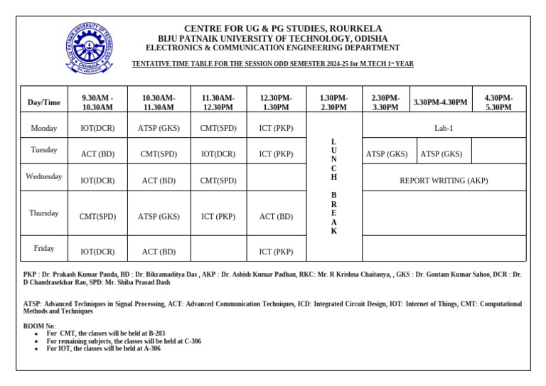 MTech 1st Year ECE Timetable 2024-2025-Odd Semster-1 | PDF ...