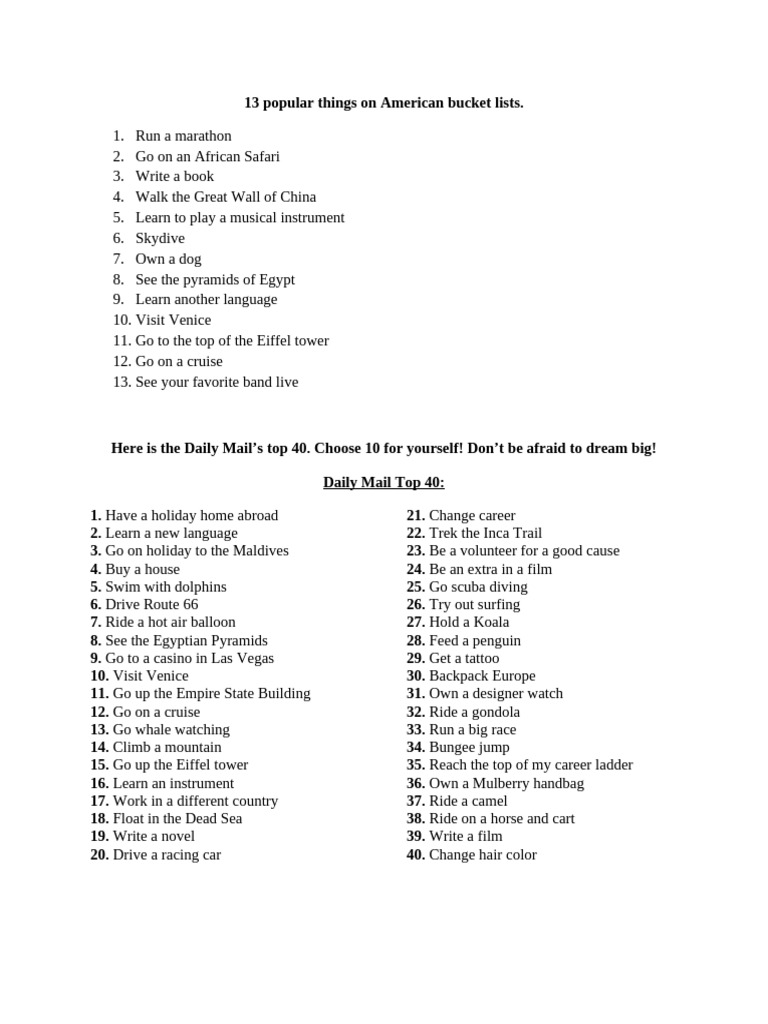 Bucket List Handout 2020 | PDF