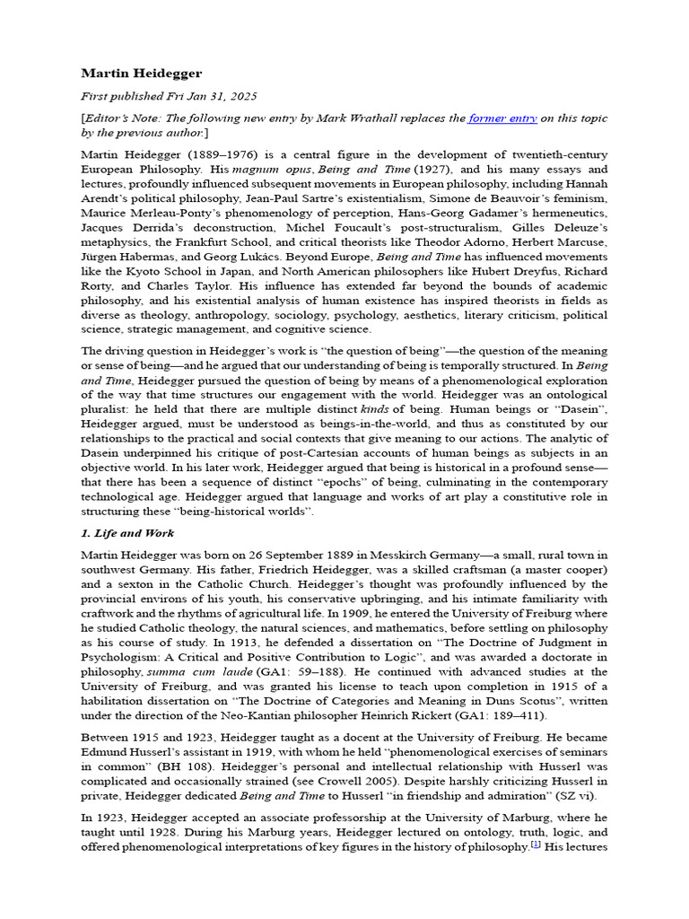 Synthesis 1. Understanding Heideggers Philosophy Being and Time and ...