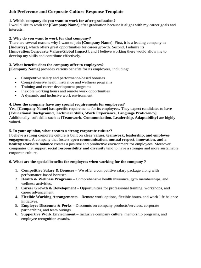 Job Preference and Corporate Culture Response Template | PDF ...
